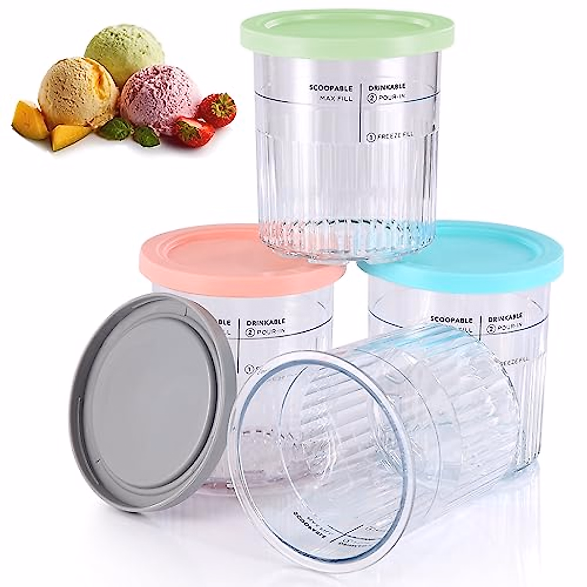 4 Pack Ice Cream Pints and Lids Compatible with Ninja NC501 Series Creami Ice Cream Makers,BPA-Free,Dishwasher Safe,Color Lids
