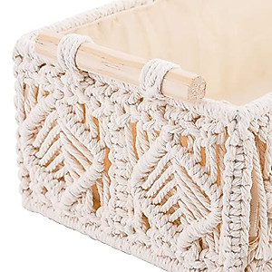 ZOOFOX Set of 3 Macrame Storage Basket, Handmade Woven Boho Basket with Cloth Liner and Wooden Handles, Decorative Toilet Tank Shelf Cabinet Organizer for Bedroom Living Room Nursery