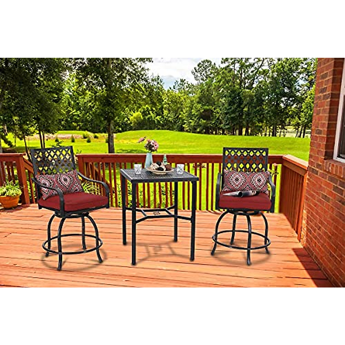 PHI VILLA Patio Stools Set of 4 with Red Cushions,Outdoor Metal Swivel Bar Height Chairs for Home Patio, Back Yard, Cafes, Bistro, Restaurants and Chic Bars