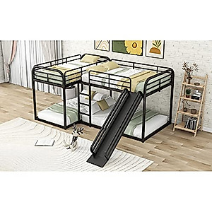 L-Shaped Bunk Bed Full Twin Size with Slide Short Ladder Safety Rail Premium Steel Slat Support Kids' Bedroom Furniture Black Modern Contemporary Sports Metal Finish