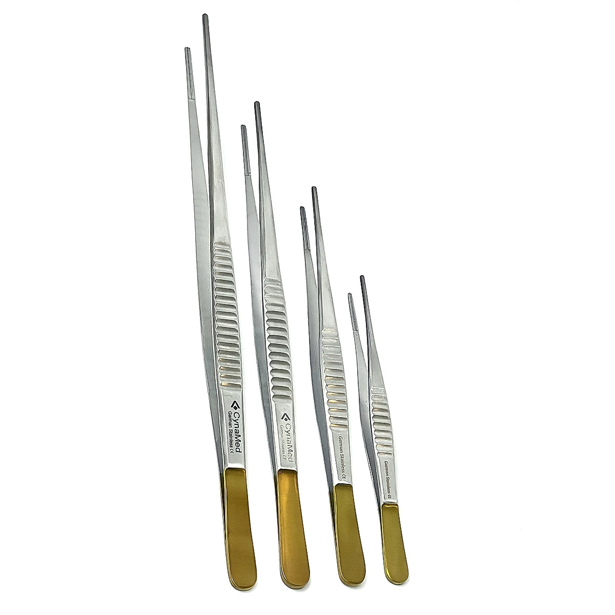 German Set of 4 Each Debakey Forceps Serrated Narrow Tips for Atraumatic Veterinary Microscopy Dissection Comes in Gold Handle 6”+8”+10”+12”