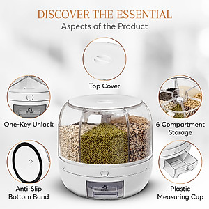 ZEEMBU Grain and Rice Dispenser, 8 Quarts Rotating 360° Kitchen Dry Food Storage Container with 6 Compartments, Easy Disassembly for Cleaning, Compact Design