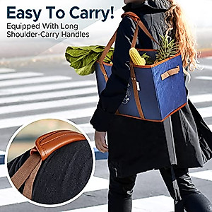 Liviable Reusable Grocery Shopping Bags, Foldable, Heavy Duty Tote, Box Bags with Long Handles and Solid Bottom, Large - Set of 3, Navy Blue