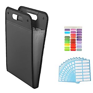Ailifly A4 Black Polypropylene File Folder, Large Capacity, Tear-Resistant, Waterproof, Double Snap Design, 13 Pockets, 168 White Labels, 1 Pack