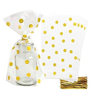 SBYURE Clear Cello Bags Plastic Gold Polka Dot Candy Bags 6x10 inch for Treat Candy Cookie Bakery Party Favor Bags,Pack of 100 with Gold Twist Ties