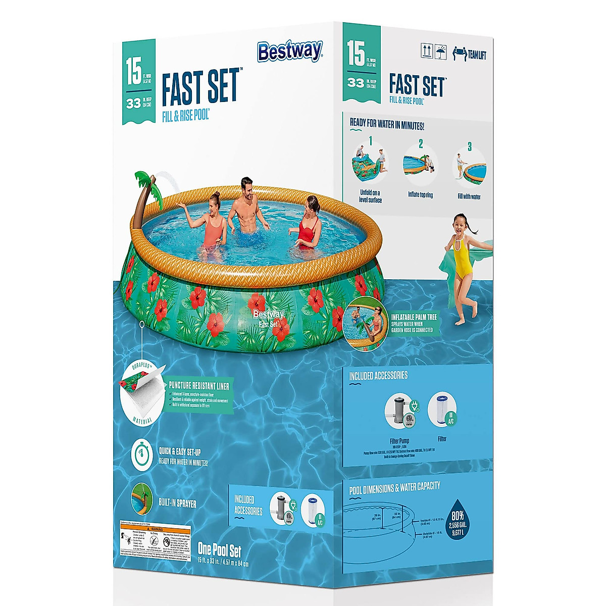 Bestway Fast Set Paradise Palms 15' x 33" Round Inflatable Outdoor Swimming Pool Set with Built-In Palm Tree Sprinkler and Filter Pump