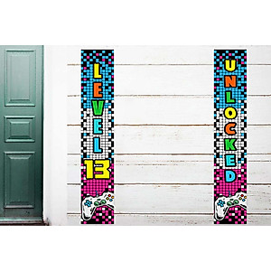 Level 13 Unlocked Happy 13th Birthday Level Up Banner Backdrop Background Photo Booth Props Video Game Game Controller Theme Decor for Door Porch Boys Girls 13th Birthday Party Supplies Decorations