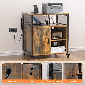 LOWOSA Braking Wheels Filing Cabinet with Lock, File Cabinets with Charging Station, Printer Stand with Storage for Office Home, A4 Letter Size File Folders