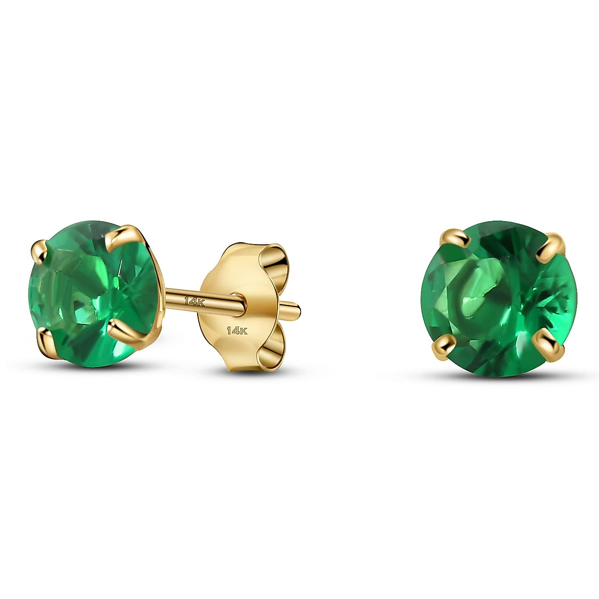 Solid 14K Yellow Gold Round Solitaire Simulated-Emerald-Birthstone Minimalist Stud Earring (5mm, 05-May)