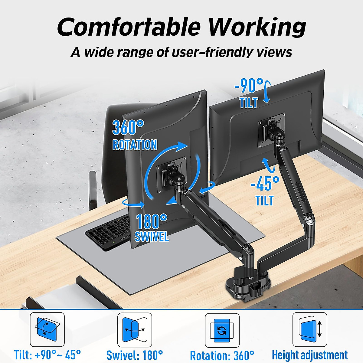 MOUNTUP Dual Monitor Mount Fits 13''-39'' Screen, Ultrawide Dual Monitor Desk Mount Hold 4.4-33 lbs, Adjustable Gas Spring Double Monitor Arms, Computer Monitor Stand with USB, VESA Monitor Bracket