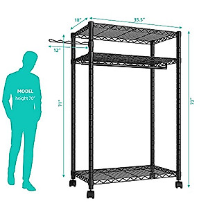 PUNION Heavy Duty Rolling Garment Rack,Portable Clothes Rack for Hanging Clothes,Clothing Rack,Wardrobe Storage Rack with 3 Shelves,1 Hang Rod,1 Side Hook,36" Lx18 Wx71 H, Max Load 500LBS, Black,GR1