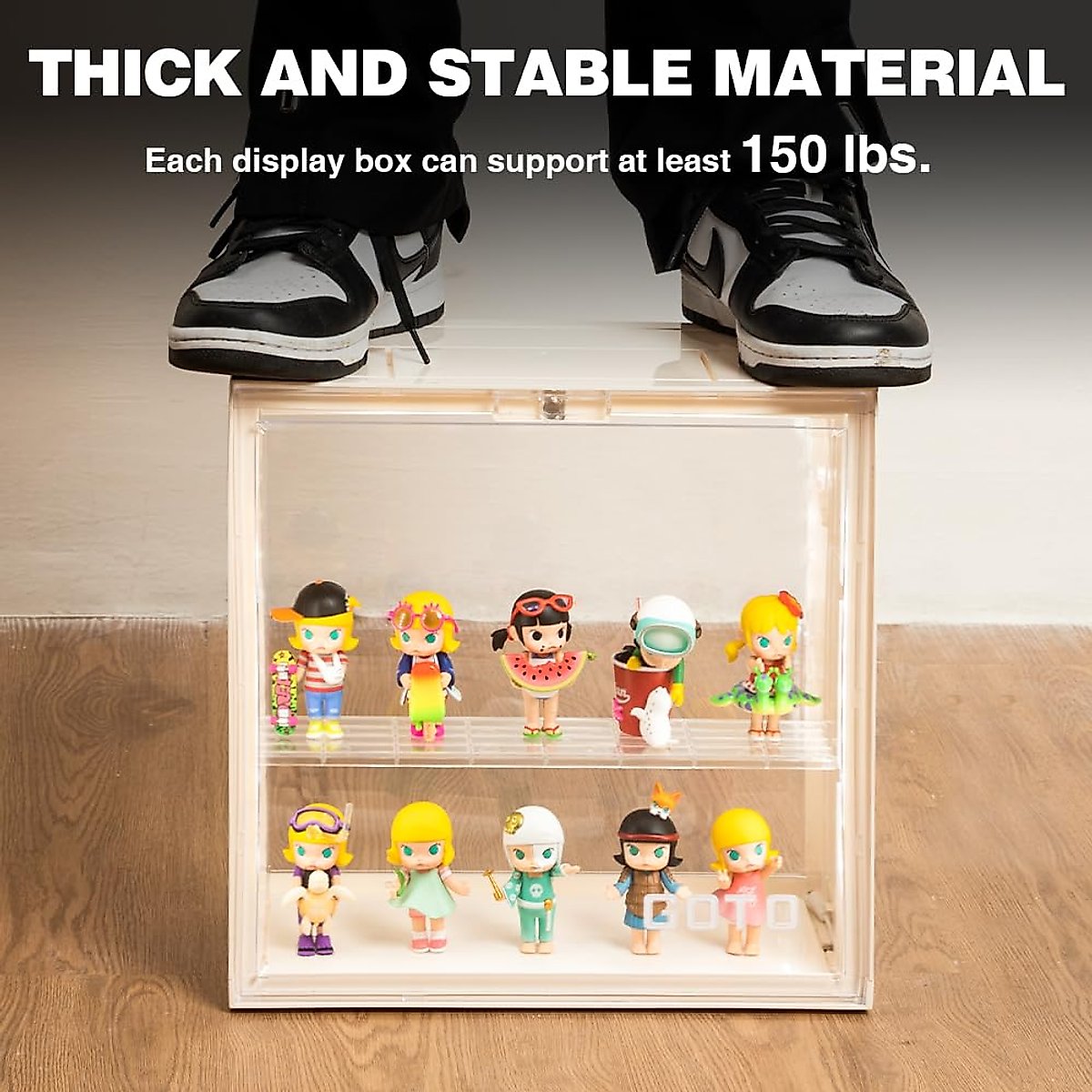 GOTO Clear Assemble Display Box, Doll Display Storage Case, Stackable Show Case for Pop Mart, Garage Kits, Action Figures, Lego, Collectibles, Toys, Cosmetics (1 Box with 2 Partitions)