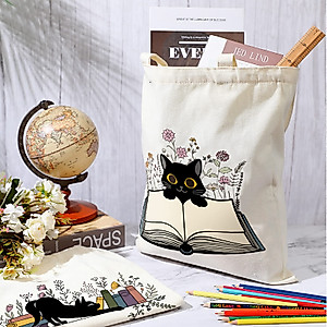 Silkfly 6 Pcs Book Lovers Gifts Aesthetic Canvas Book Tote Bag with Interior Pocket Cute Tote Bag Reusable Shopping Bags(Cat)