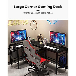 DKLGG L Shaped Computer Desk, 49" Gaming Desk Home Office Corner Desks Large Work Study Desk with Storage Bag & Hooks, L Desk Workstation Space-Saving Table for Home Office, Black