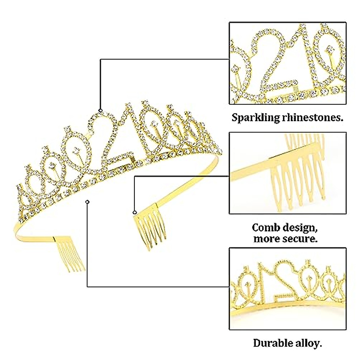 CURASA Gold Finally 21 Birthday Crown and Sash Kit for Women Girls 21st Birthday Tiara and Sash Set for Girls Rhinestones Crowns and Sash 21st Birthday Gift for Women 21st Birthday Decorations for Her
