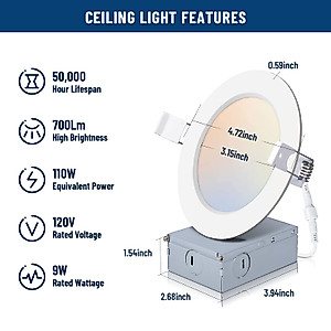 POWERASIA 2 Pack Recessed Lighting 4 Inch with Junction Box, 2700K/3000K/4000K/5000K/6000K Dimmable Flush Mount Ceiling Light, 9W 700lm Canless Recessed Lighting-ETL and Energy Star Certified