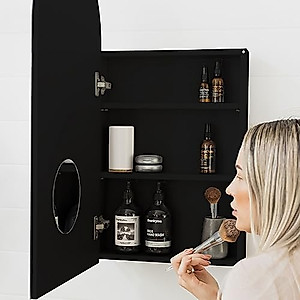 Arched Black Medicine Cabinet With Mirror, Recessed Or Surface Mount Medicine Cabinet - 17" x 32" In, Black Bathroom Mirror With Storage - Large Black Modern Medicine Cabinet Mirror Wall Mounted