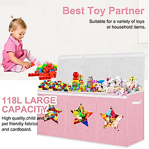 Xmasorme Toy Box for Girls,Extra Large Toy Storage Organizer Bins with Star Transparent Windows,Sturdy Handles and Mesh Bag, Foldable Storage Box for Nursery, Playroom, Bedroom(Pink)