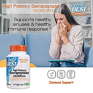 Doctor's Best High Potency Serrapeptase, Non-GMO, Gluten Free, Vegan, Supports Healthy Sinuses, 120,000 SPU, 90 Count