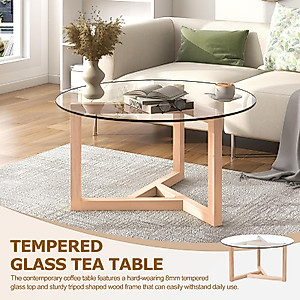 Round Accent Coffee Table, Modern Cocktail Table with Tempered Glass Top and Sturdy Wood Base, Sofa End Table Center Table for Living Room, Office, Small Spaces, Easy to Assemble, Natural