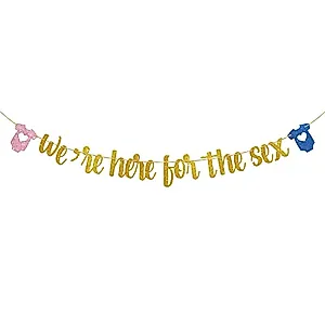 T-minimalist We're Here for The Sex Banner, Funny Baby Gender Reveal Party Decorations, Baby Shower Party Hanging Decors Supplies, Gold Gliter Paper Garland / Cute Baby Clothes Sign Banner 11.7 Feet