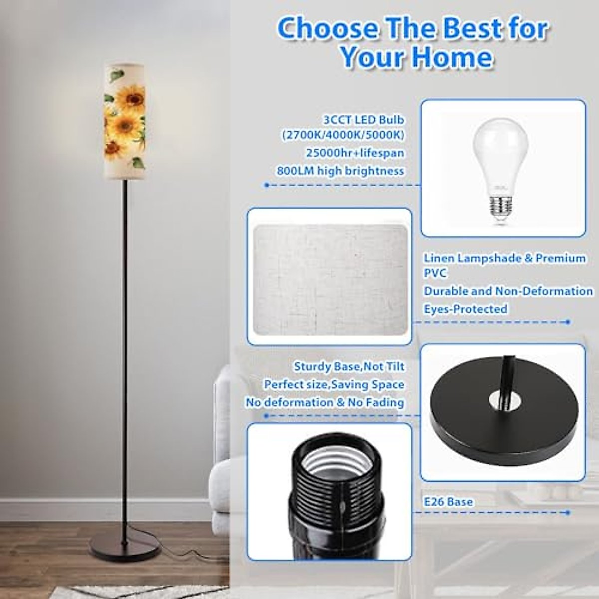 RZNTJHUINA Modern Standing Lamps Sunflower Yellow Summer Minimalist Floor Lamp Rustic Country Metal Pole Lamp with Linen Lampshade for Bedroom Living Room Office Nursery Reading Foot Switch