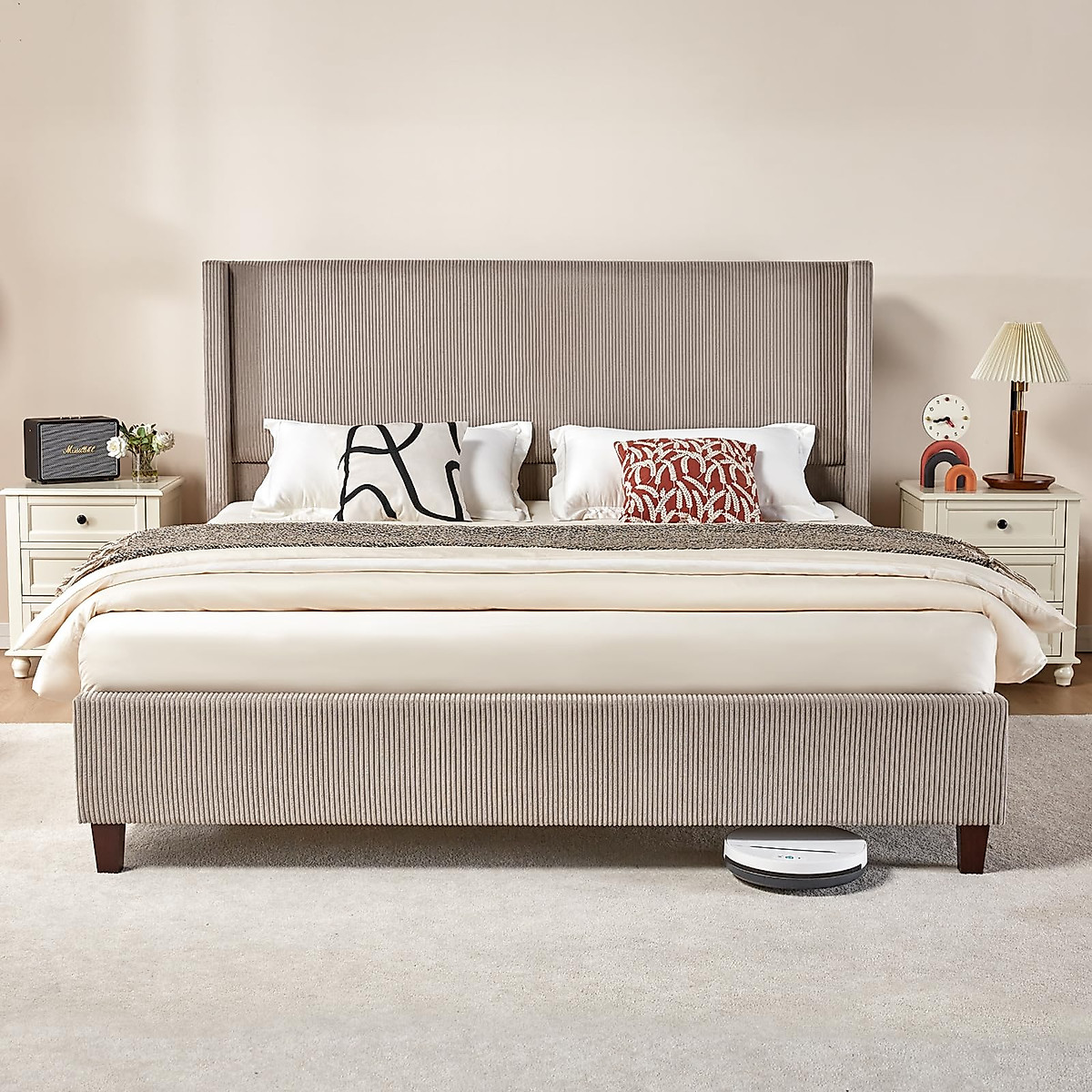 VanAcc Queen Size Platform Bed Frame, 50.8" Corduroy Upholstered Bed with Vertical Channel Tufted Headboard/Wooden Slats/Wingback/No Box Spring Required/Taupe
