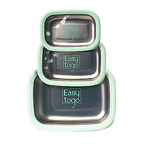 Easy Togo 3 Pack Stainless Steel Food Containers with Silicon Lid & Non-Slip Exterior, LeakProof, Airtight Rectangular Portion Control Storage Lunch Box, Togo Lunch Containers for Adults - Green