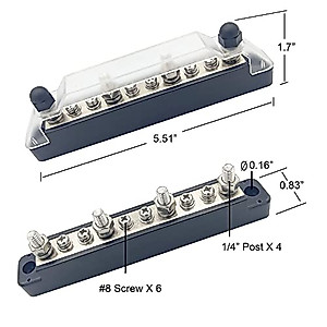 ROYFACC Bus Bar Power Distribution Block 4 x 1/4" Studs 6 x M4 Screw Terminal Block with Cover 150 Amp Rating for Car Boat Marine Caravan RV (Black + Red)