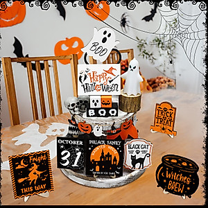19 Pcs Halloween Tiered Tray Decorations Set Halloween Farmhouse Tray Decoration Boo Happy Halloween Wooden Signs Rustic Tiered Tray Decor Items for Home Table Kitchen Party