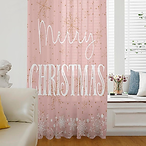 Merry Christmas Semi Sheer Curtains Drapes for Living Room, Bedroom, French Doors Window 96 Inches Long, Rod Pocket Chiffon Curtain Drapery Voile Draperies Panel Blush Pink Gold Winter Snowflake