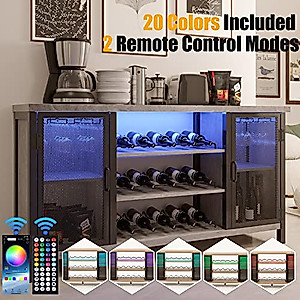 LED Wine Bar Cabinets for Home – Industrial Liquor Cabinet Bar with 2 Hinged Doors, Adjustable Wood and Steel Bar Table with Bottles Rack, Kitchen Farmhouse Coffee Bar, Living Room Furniture, Grey