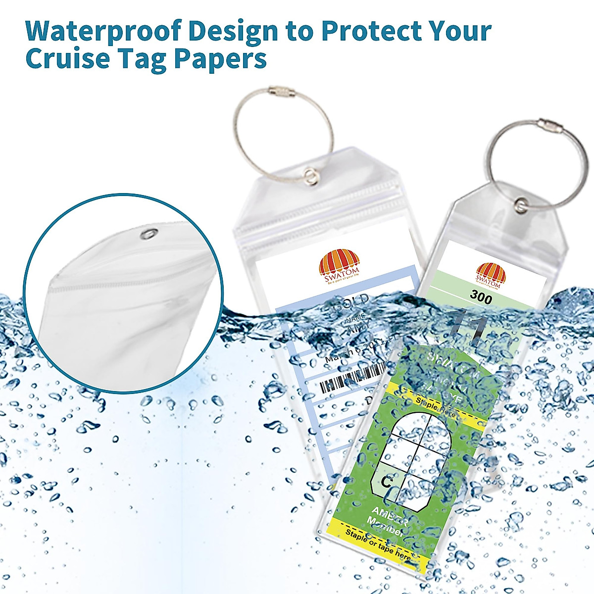SWATOM Cruise Luggage Tags PVC Holders -Waterproof-Clear Luggage Tag-Zip Seal-Etag Bag for Royal Caribbean & Celebrity 2024 & 2025 Cruise Line Ships with Steel Loops (7.9x2.5'' 4P)