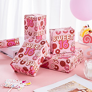 WRAPAHOLIC 16th Birthday Wrapping Paper - Mini Roll - 17 Inch X 33 Feet - Sweet 16 for Birthday, Party, Holiday