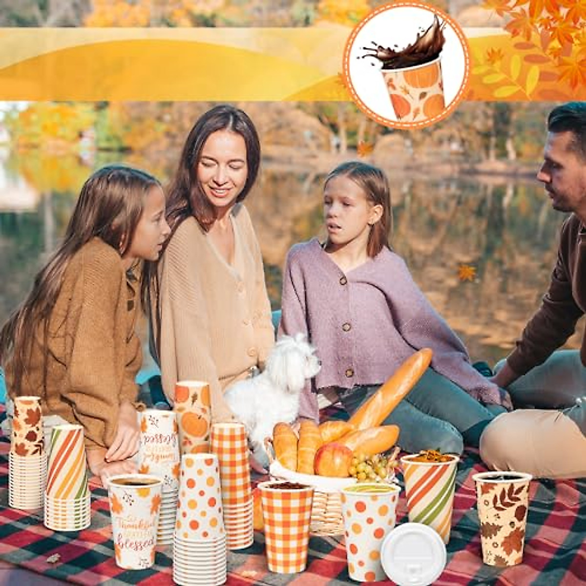 Umigy 120 Pack Fall Paper Coffee Cups 16 oz Thanksgiving Paper Hot Cup Coffee Cups Disposable with Lids and Stirrers Beverage Drinking Cup with 6 Designs for Juice Water Coffee Tea for Home Shops
