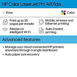 HP Color LaserJet Pro 4201dw Wireless Printer, Print, Fast speeds, Easy setup, Mobile printing, Advanced security, Best-for-small-teams, Instant Ink eligible
