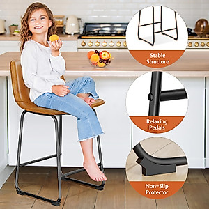 REONEY Bar Stools Set of 4, PU Leather Counter Height Bar Stools, 26" Modern Bar Stools with Metal Legs and Footrest, Urban Armless Dining Chairs with Backrest for Kitchen Island (Brown)