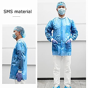 Greenour Pack of 10 Disposable Lab Coat, 3 Pockets, Thicker Short Blue SMS Smock with Knitted Cuffs and Collar(Medium)