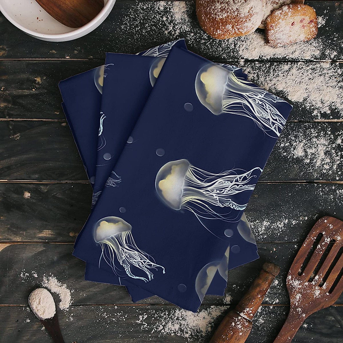 Chees D Zone Kitchen Towels Cotton Dish Towel,Ocean Jellyfish Sea Monster on Navy Blue Soft Dishcloth Absorbent Tea Towel,Marine Life Seamless Reusable Washable Hand Towels 2 Pack