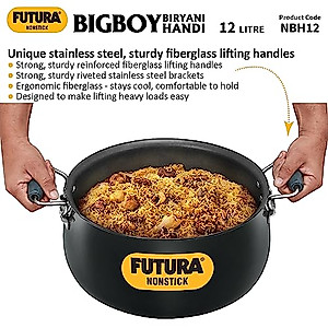 Hawkins Futura 12 Litre BigBoy Biryani Handi, Non Stick Pot with Glass Lid, Sauce Pan for Cooking and Serving Biriyani, Black (NBH12)
