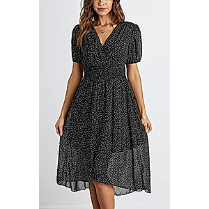 PRETTYGARDEN Casual Summer Dresses for Women Knee Length Polka Dot Floral Printed Short Sleeve Wrap Dress Midi Button Down Dress for Women Wedding Guest (Black, Medium)