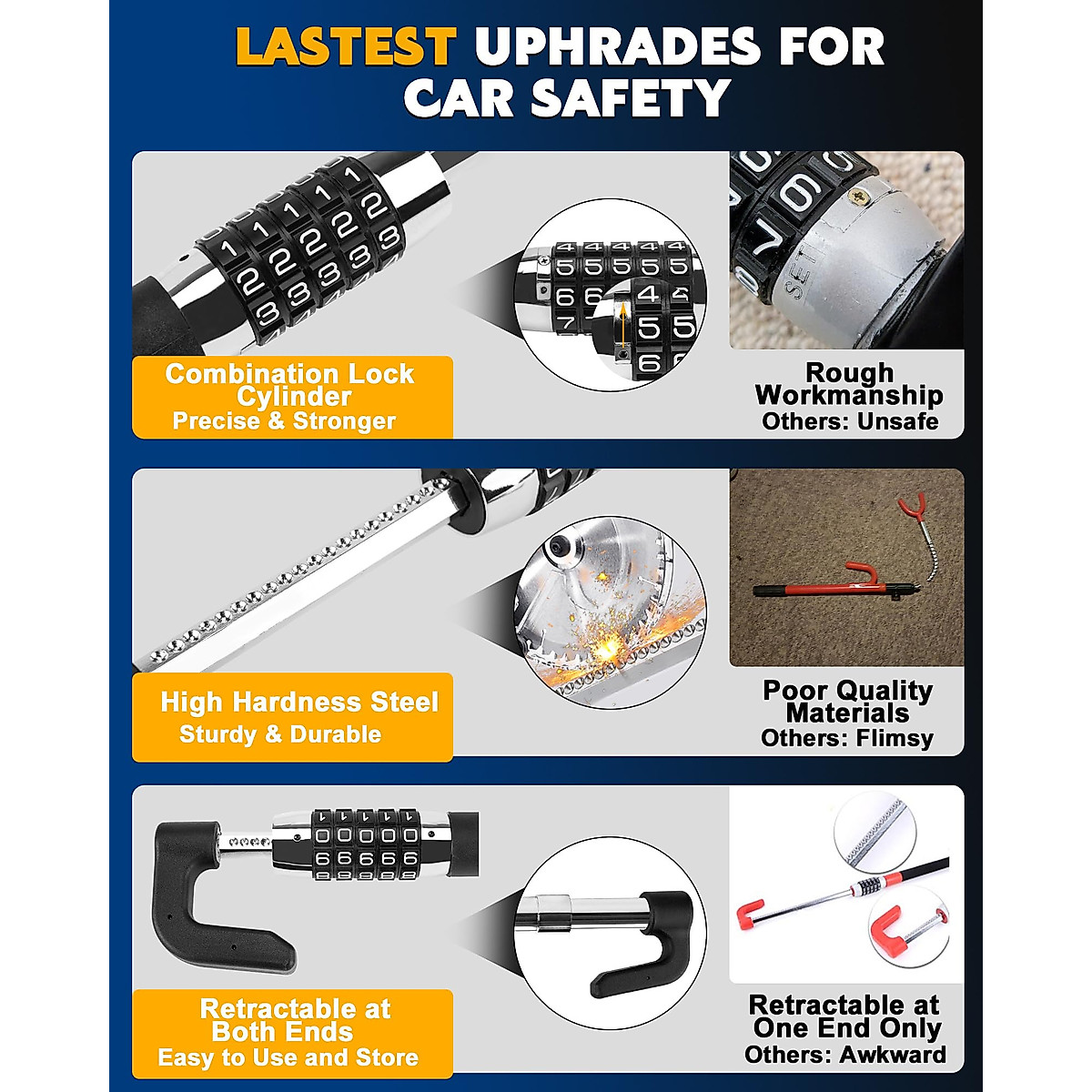 Tevlaphee Steering Wheel Lock Anti Theft Device Retractable Brake Pedal Lock Keyless Password 5 Coded Combination Anti Theft Car Security Device Heavy Duty Universal Fit for Vehicle Car Truck Van SUV