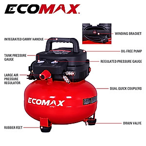 ECOMAX Air Compressor, Portable Air Compressor, 6 Gallon, Pancake Air Compressor, Max 150 PSI, 2.6 CFM @90 Psi, Oil Free Small Electric Air Compressor for Car, Home and Jobsite, Red Model: 0210673