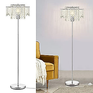 Mlambert Double-Layer Modern Lampshade Crystal Floor Lamp for Bedroom for Livingroom,Elegant Standing Lamp,61.57" Tall Pole Lamp,Suitable for Bedroom,Livingroom,6W LED Bulb Included,Silver
