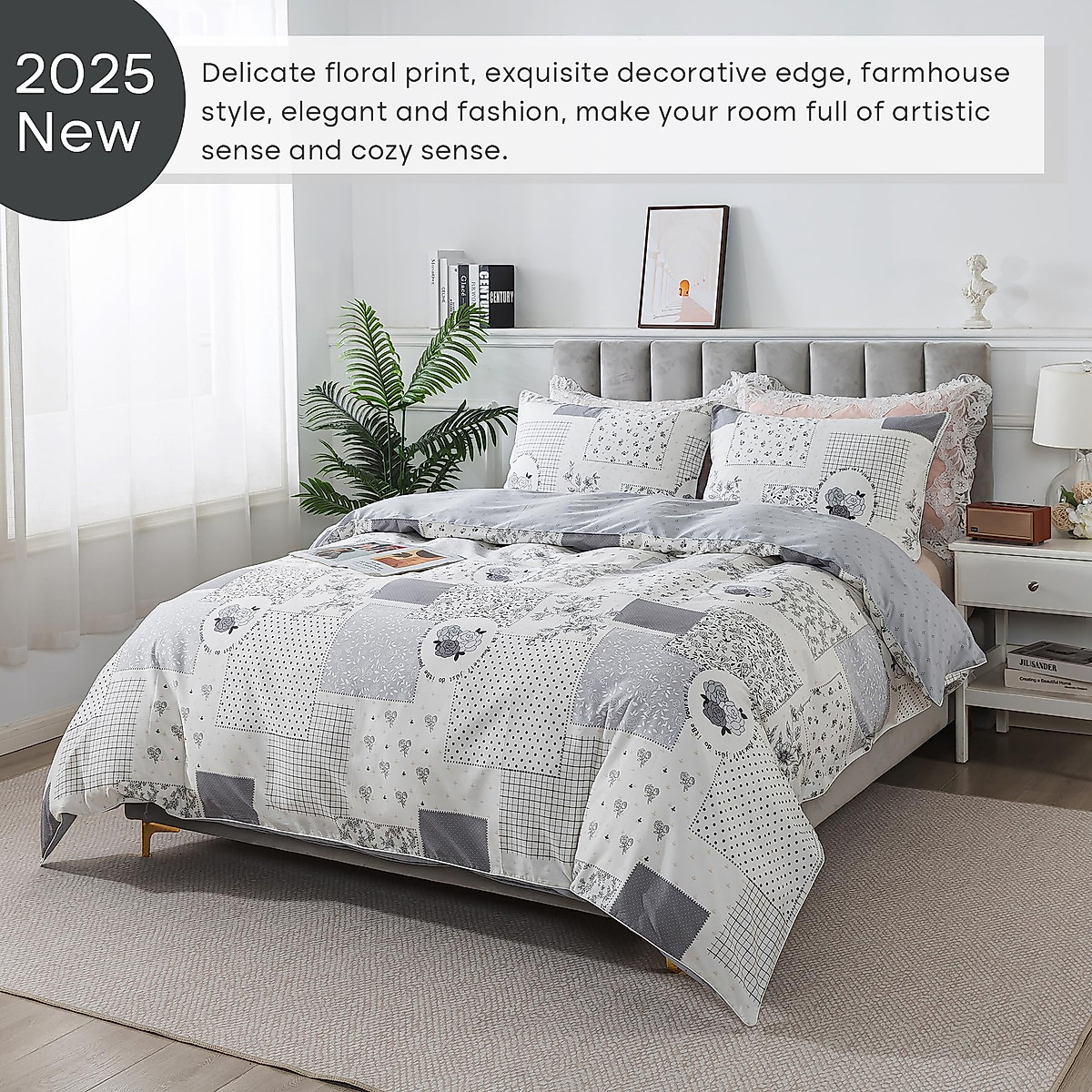Lemfux 100% Cotton Floral Pattern Modern Theme Duvet Cover Set, Geometric Style Aesthetic White Soft Comforter Cover Set with Metal Zippers, Full Size, 3Pcs