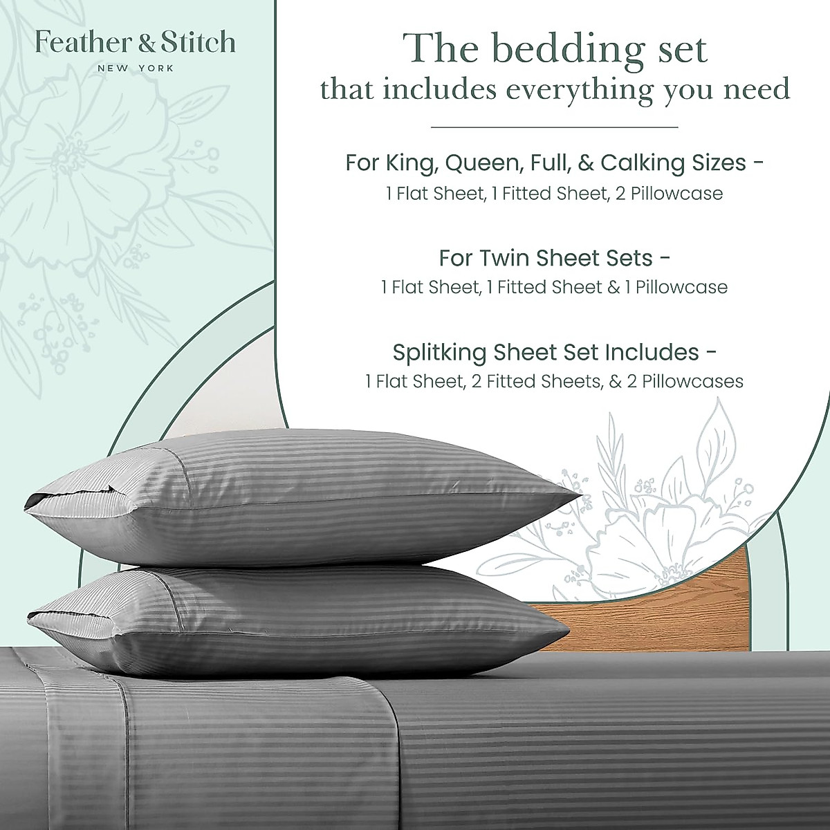 Feather & Stitch 500 TC Full Size Damask Bed Sheet Set, 100% Cotton Soft Breathable Bedsheets, 4 Piece 18" Deep Pockets Sateen Weave Striped Bedding Mattress Resort Hotel Luxury- (Grey, Full)