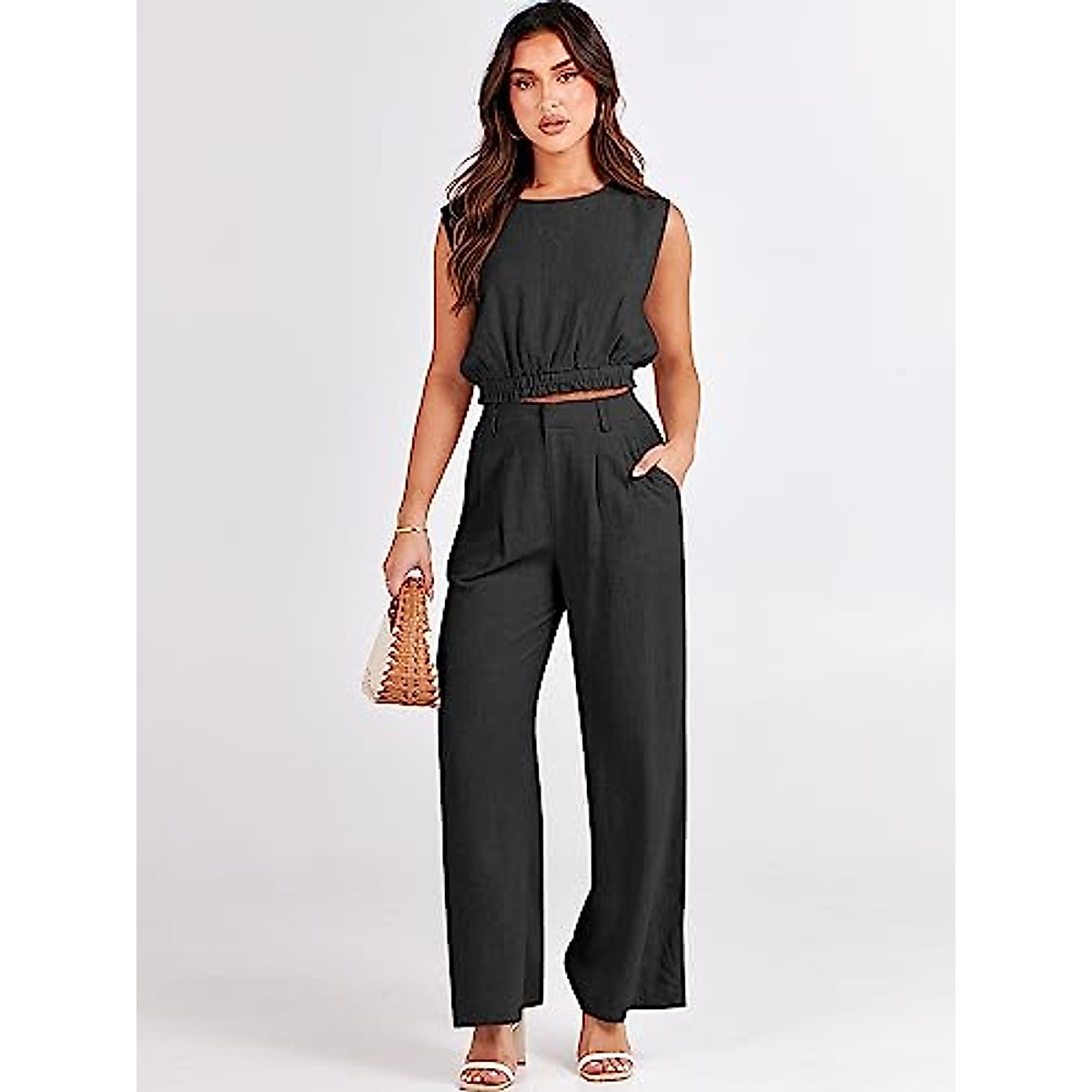ANRABESS Two Piece Outfits for Women Cruise Resort Wear 2023 Sexy Summer Vacation Sleeveless Linen Crop Top Casual Matching Lounge Sets Comfy Tracksuits Long Pants Jumpsuits Cute Clothes A1102heise-M