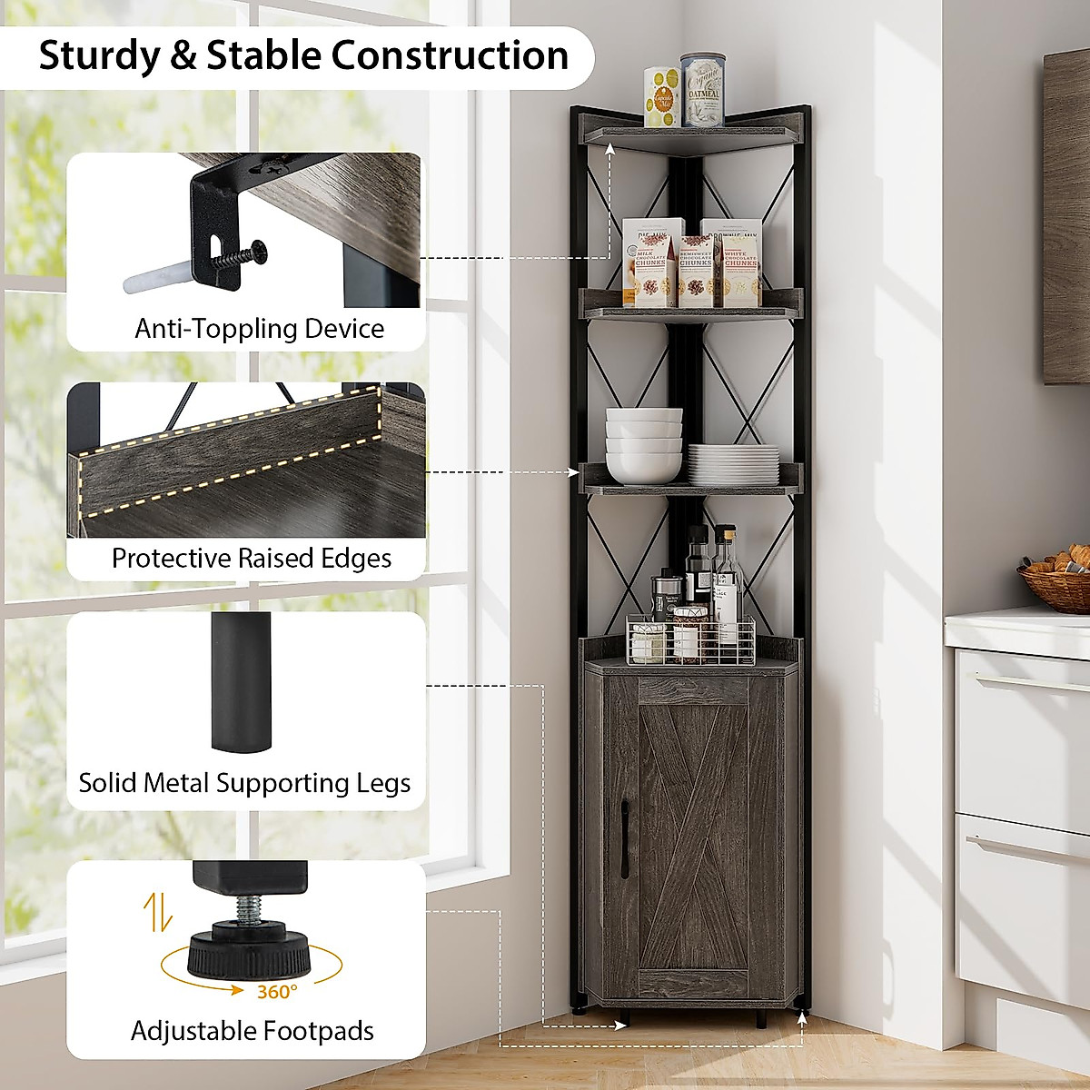 Tangkula Tall Corner Storage Cabinet, 71” Industrial 6 Tier Storage Shelf w/Door Cabinet, Corner Bookshelf Plant Stand, X-Shaped Metal Frame Standing Cabinet for Living Room, Small Spaces (Grey)