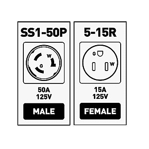 Marvine Cable Shore Power Cord Adapter 1.5FT Dogbone 125V 50 Amp NEMA SS1-50P Twist Lock to NEMA 5-15R 125V 15 Amp Female Household Appliance STW AWG10/3 Pigtail with LED Power Indicator