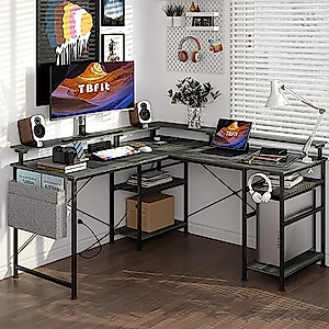 Tbfit L Shaped Desk, Reversible Corner Computer Desk with Power Outlet and LED Strip, Gaming Computer Desk with Monitor Stand and Storage Shelf, 2 Person Long Writing Study Table, Grey